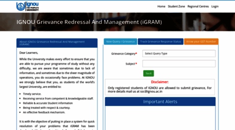 Visit Igram.ignou.ac.in - IGNOU :: Grievance Control Room.
