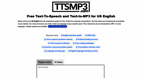 Visit Ttsmp3.com - Free Text-To-Speech for 28+ languages & MP3 Download | ttsMP3.com.